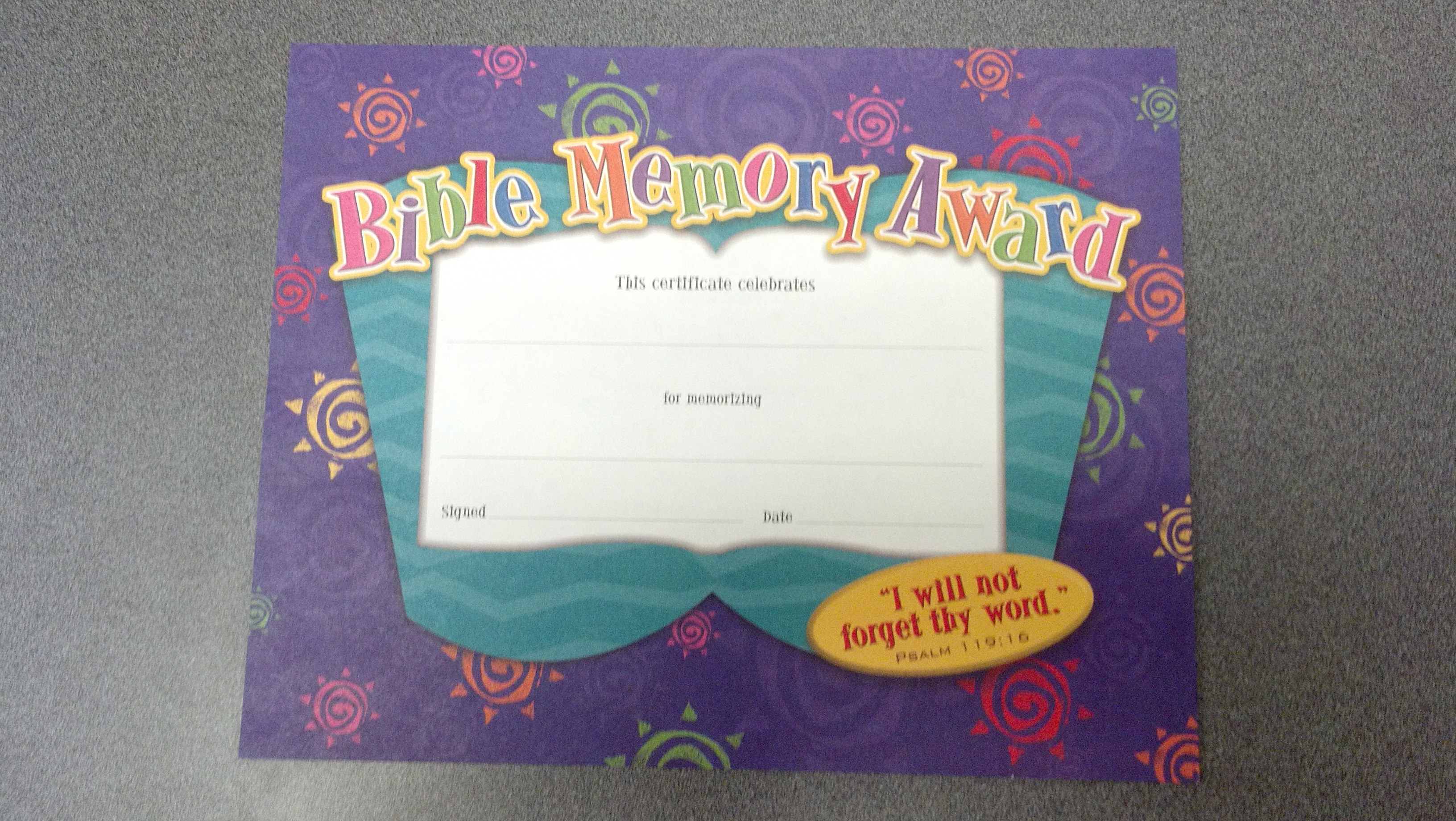 Bible Memory Award Certificate (INDIVIDUAL)
